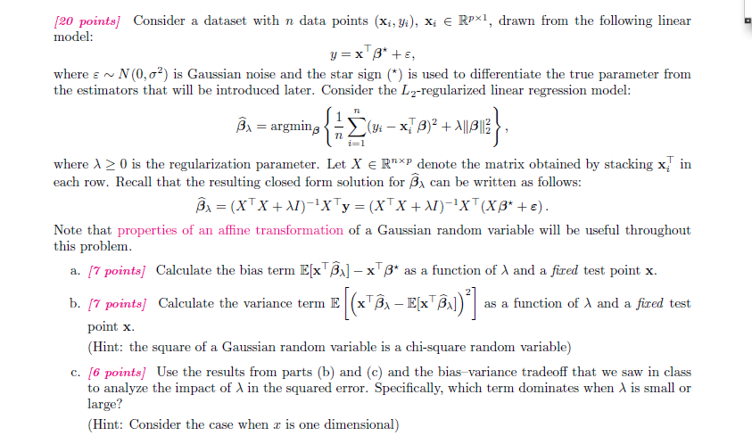 [20 points) Consider a dataset with n data points | Chegg.com