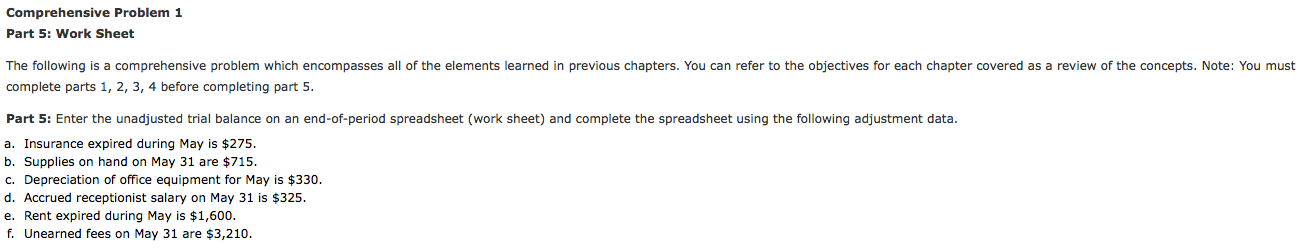 Comprehensive Problem 1 Part 5: Work Sheet The | Chegg.com