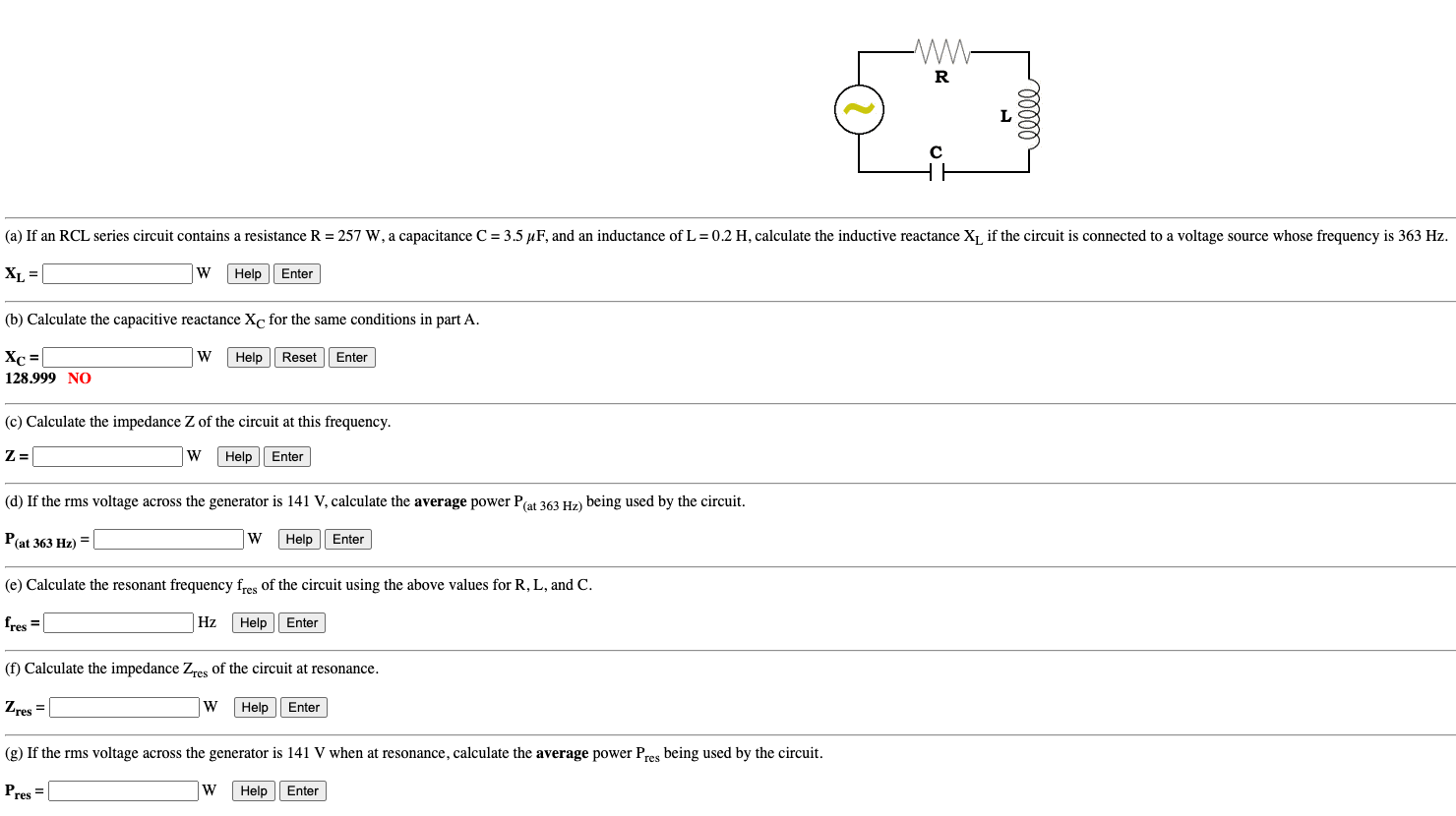Solved XL= (b) Calculate the capacitive reactance XC for the | Chegg.com