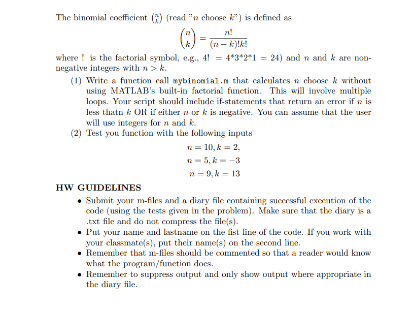 Solved The binomial coefficient (nk) (read " n choose k") is | Chegg.com