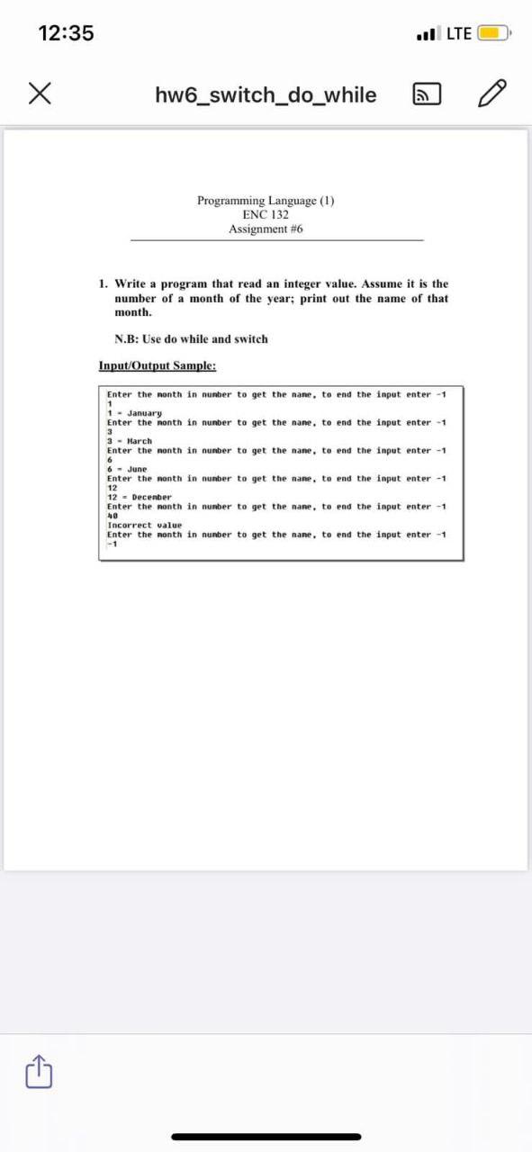 Solved 12:35 l LTE Х hw6_switch_do_while Programming | Chegg.com