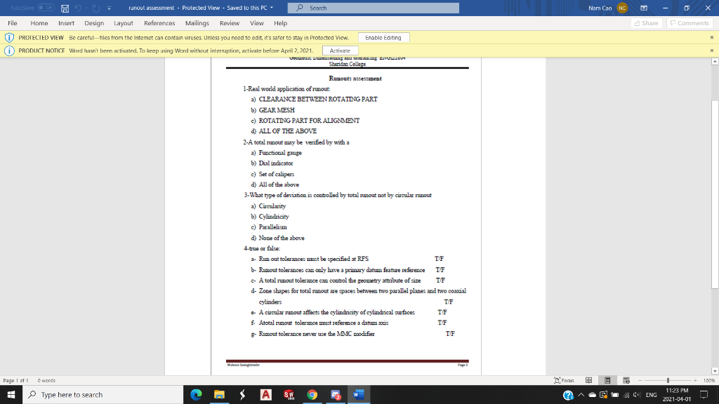 Solved AutoSave CH runout assessment - Protected View - | Chegg.com