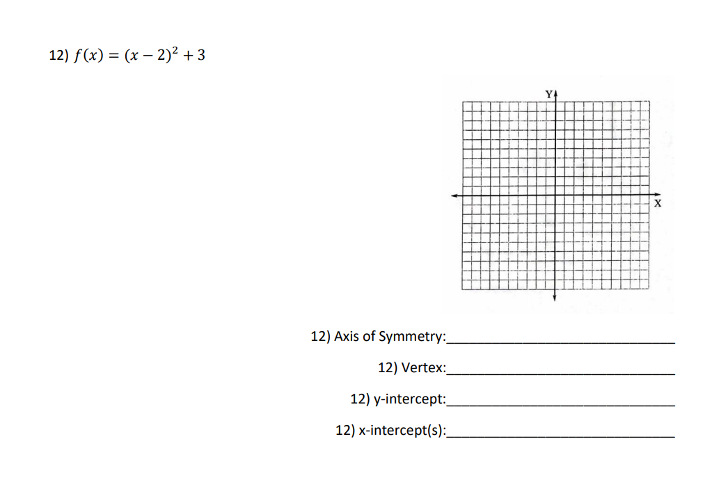 Solved 12) f(x) = (x – 2)2 + 3 Y+ 12) Axis of Symmetry: 12) | Chegg.com