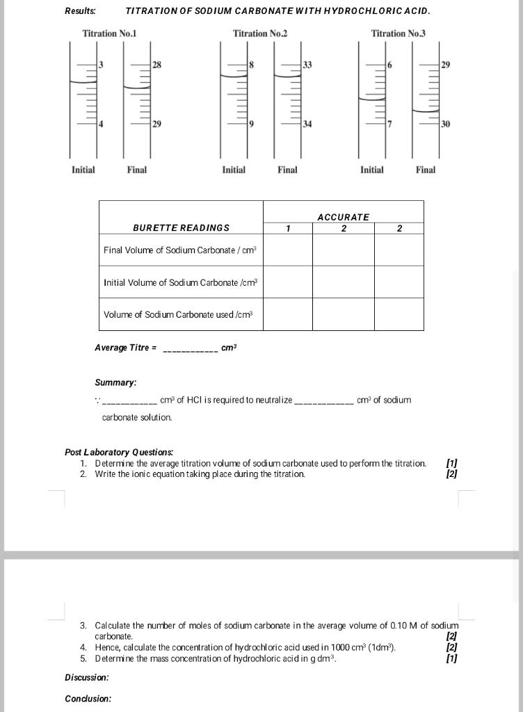 Solved VOLUMETRIC ANALYSIS 'Acid-Base Titration II In the | Chegg.com