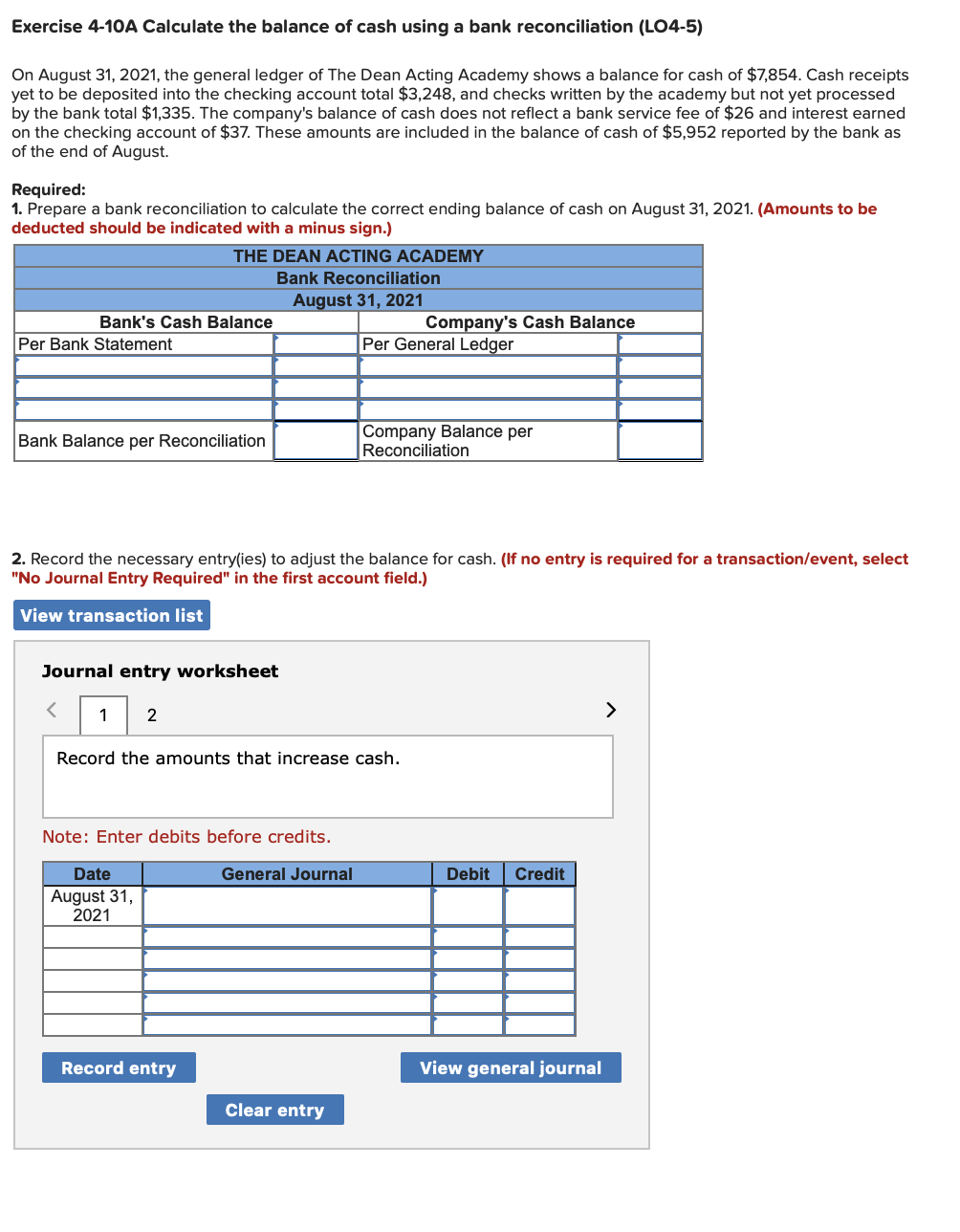 Solved Exercise 4-10A Calculate the balance of cash using a | Chegg.com