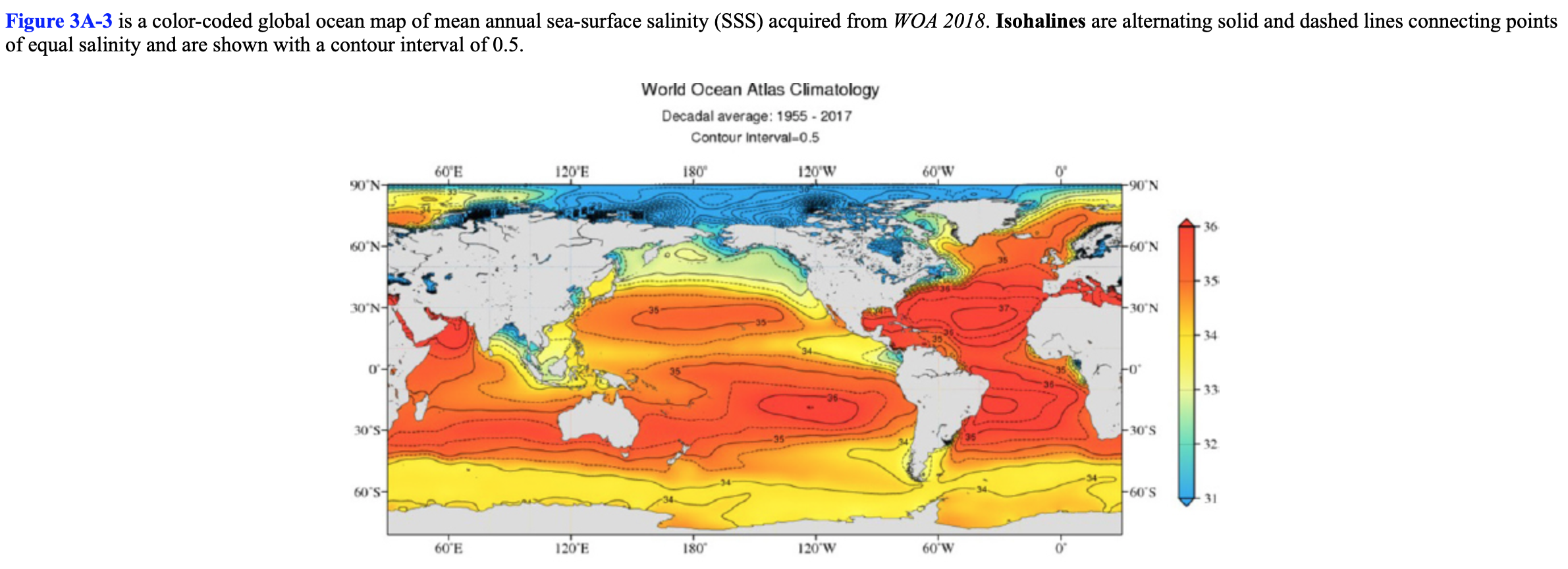 Solved Figure 3A-3 is a color-coded global ocean map of mean | Chegg.com