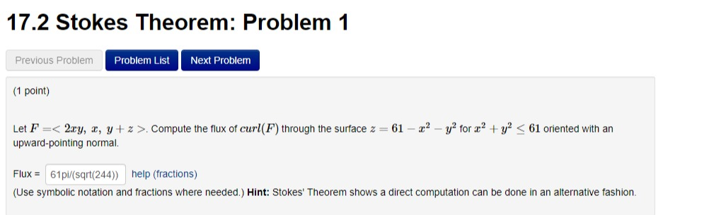 Solved 17.2 Stokes Theorem: Problem 2 Previous Problem | Chegg.com