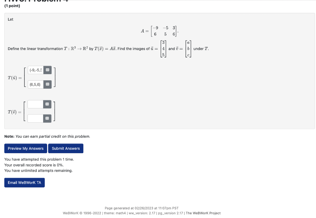 Solved A=[−96−5536] Define the linear transformation T:R3→R2 | Chegg.com