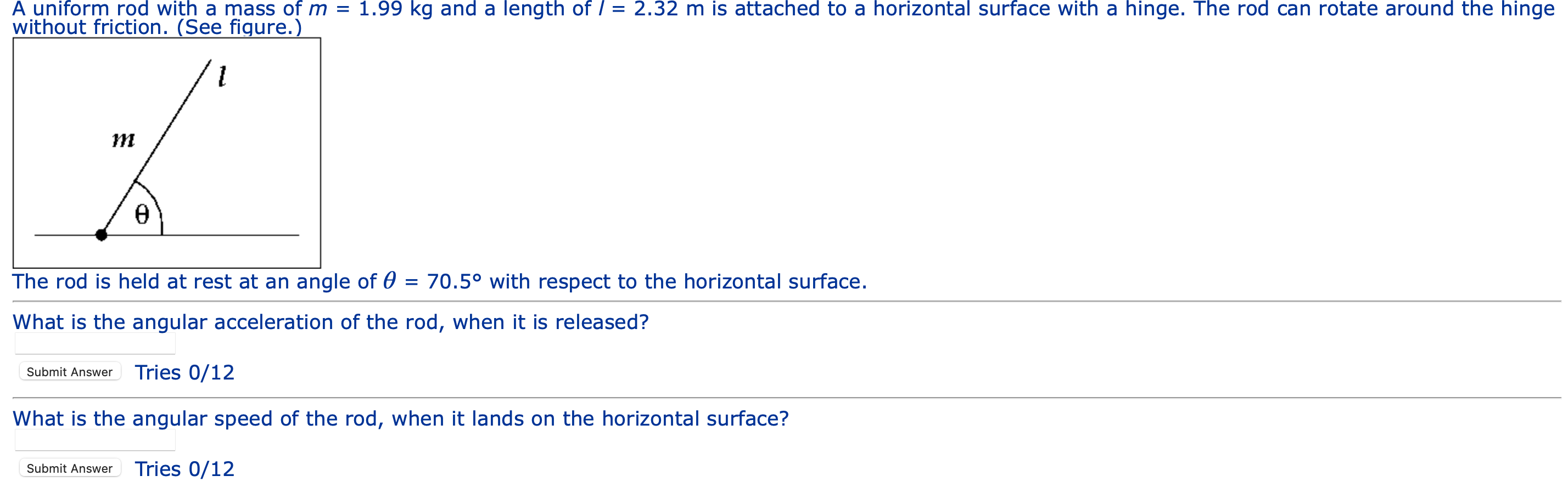 Solved A uniform rod with a mass of m = 1.99 kg and a length | Chegg.com