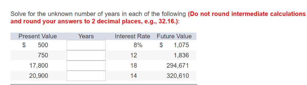 Solved Solve for the unknown number of years in each of the | Chegg.com