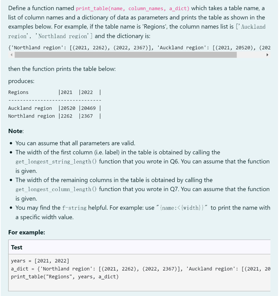 Solved Define a function named print_table(name, | Chegg.com