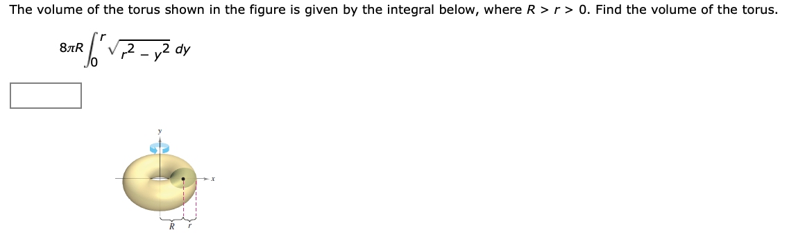 Solved The volume of the torus shown in the figure is given | Chegg.com