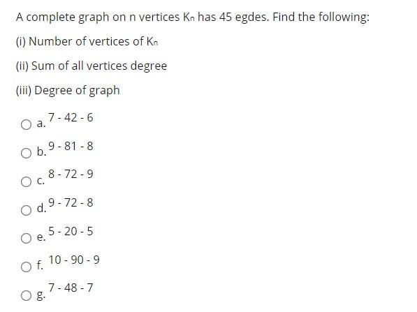 Solved A complete graph on n vertices Kn has 45 egdes. Find | Chegg.com