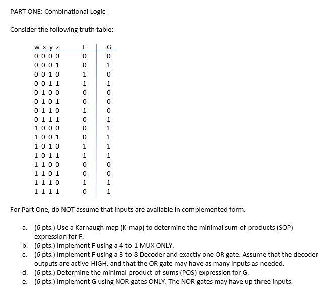Solved PART ONE: Combinational Logic Consider the following | Chegg.com