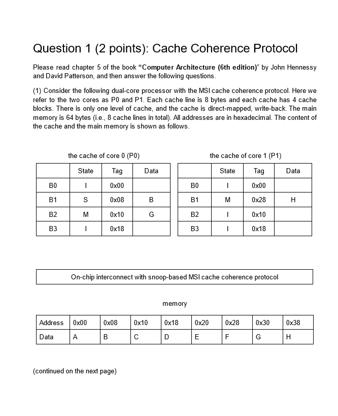 Question 1 (2 points): Cache Coherence Protocol | Chegg.com
