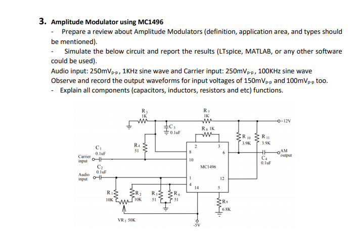 Solved 3. Amplitude Modulator using MC1496 Prepare a review | Chegg.com