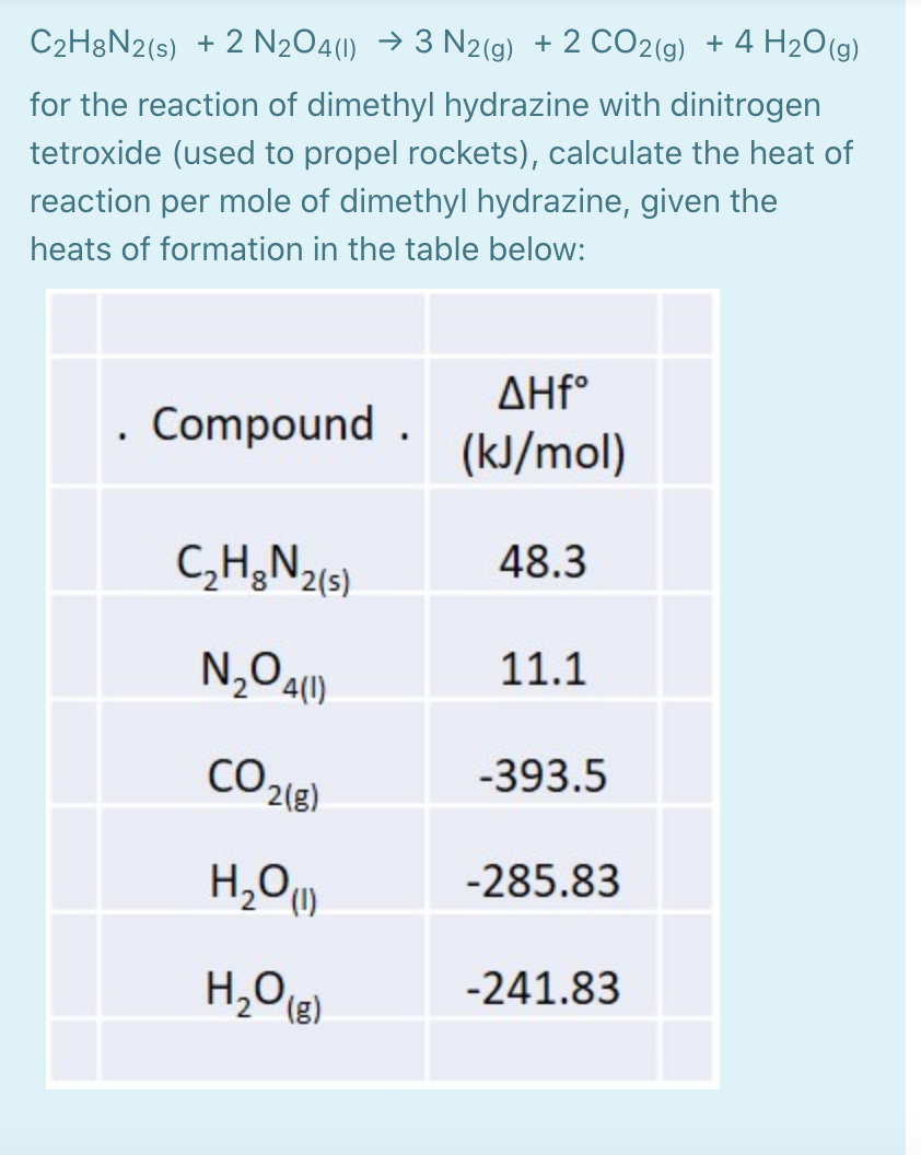 Solved C2H8N2(s) + 2 N204(1) 3 N2(g) + 2 CO2(g) + 4 H2O(g) | Chegg.com