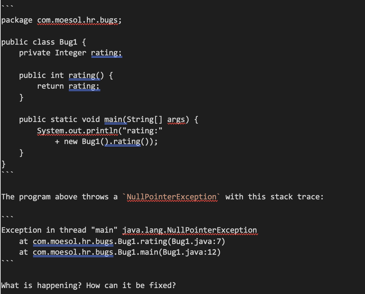 Solved package com.moesol.hr.bugs; public class Bug1 \{ | Chegg.com Solved package com.moesol.hr.bugs; public class Bug1 \{ | Chegg.com