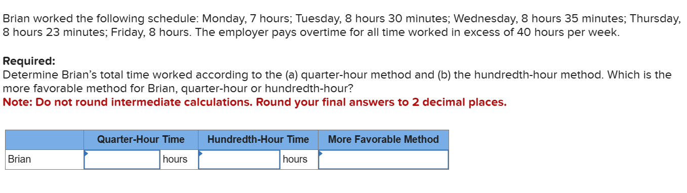 Solved Brian worked the following schedule: Monday, 7 | Chegg.com