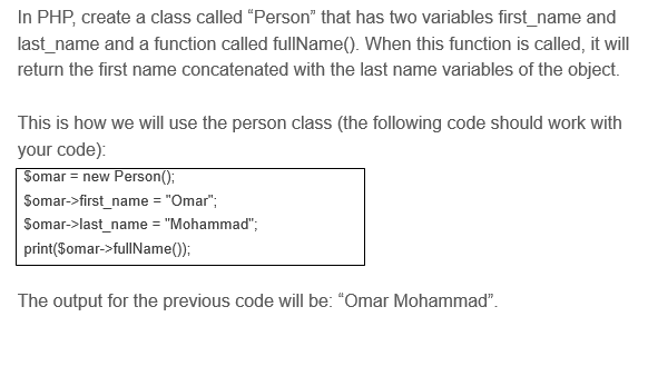 Solved In PHP, create a class called "Person" that has two | Chegg.com