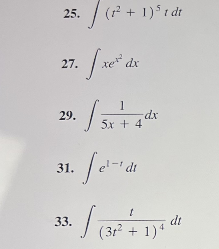 Solved ∫﻿﻿ T2 1 5tdt∫﻿﻿xex2dx∫﻿﻿15x 4dx∫﻿﻿e1 Tdt∫﻿﻿t 3t2 1 4