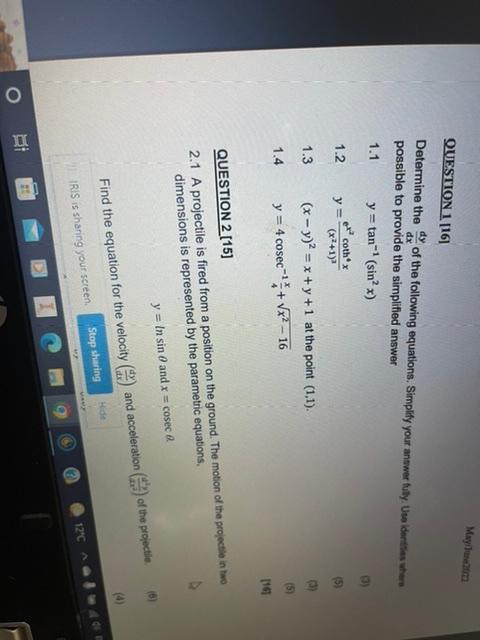 Solved O May June 20 QUESTION 1 [16] dy Determine the of the | Chegg.com