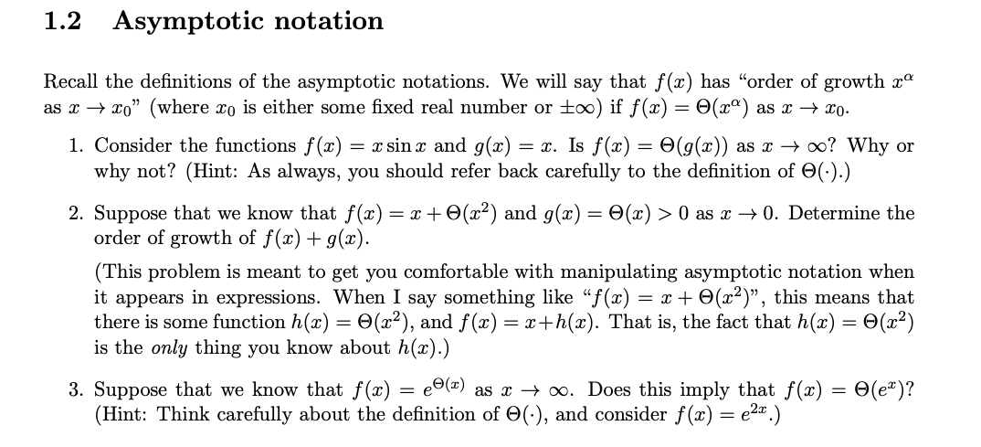 Solved 1.2 Asymptotic notation Recall the definitions of the | Chegg.com