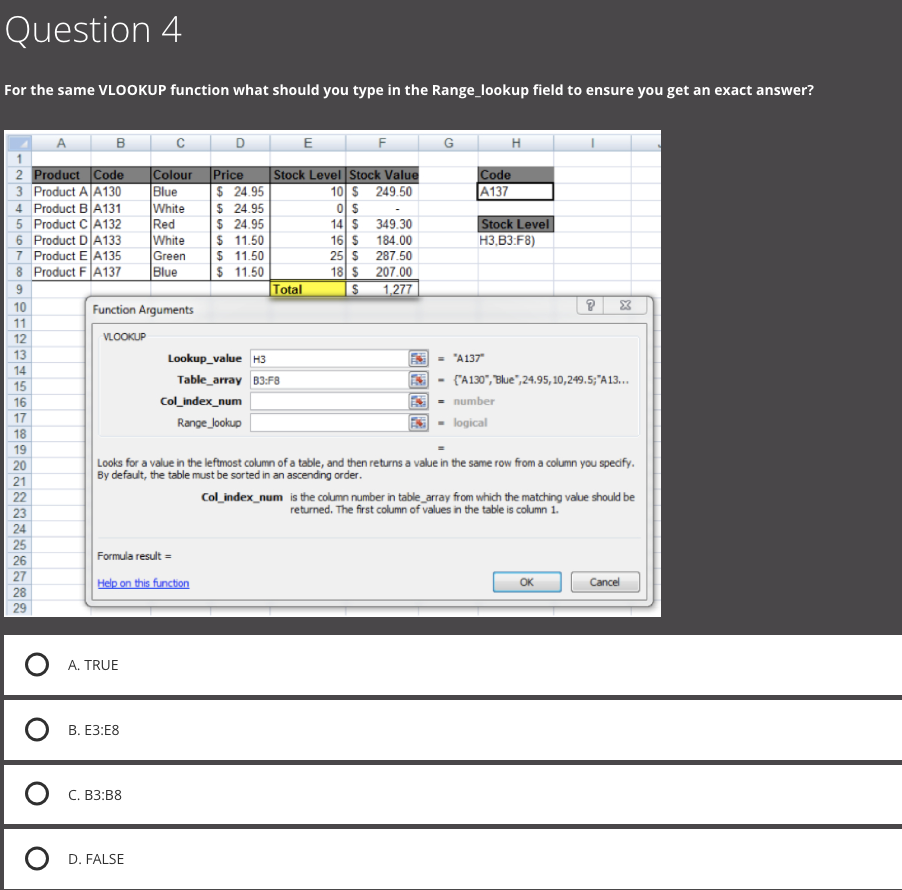 Solved Question 4For the same VLOOKUP function what should | Chegg.com