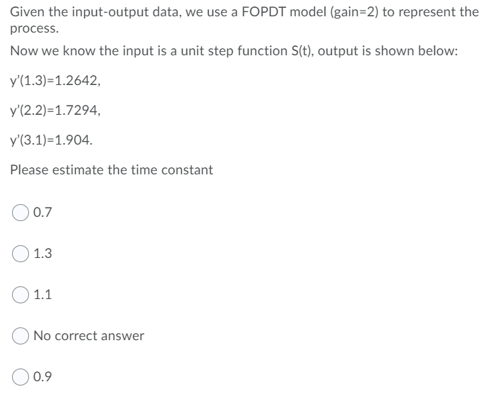 Solved Given the input-output data, we use a FOPDT model | Chegg.com