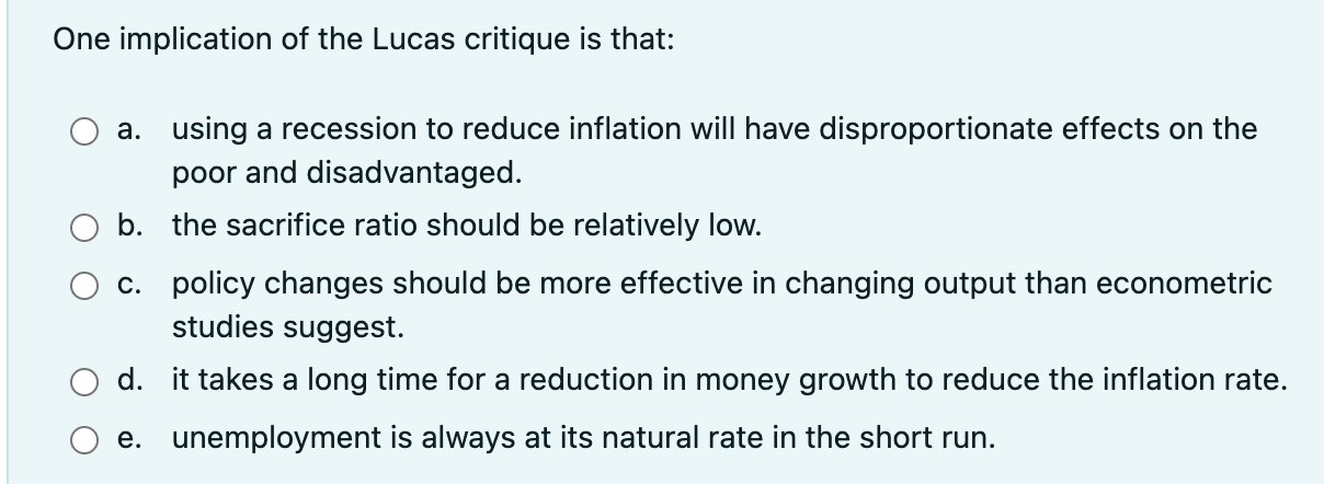 Solved One implication of the Lucas critique is that: a. | Chegg.com