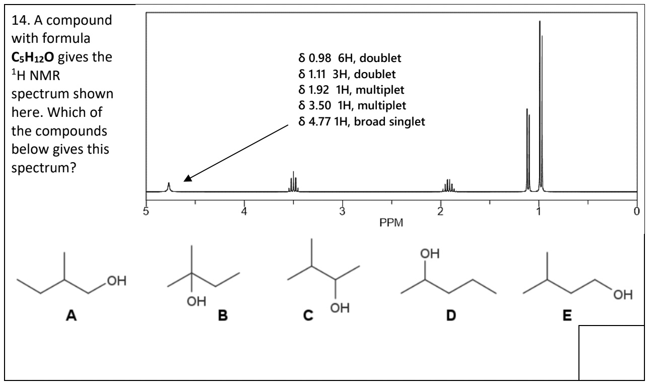 Solved 14. A compour with formula C5H12O gives tr 1H NMR | Chegg.com