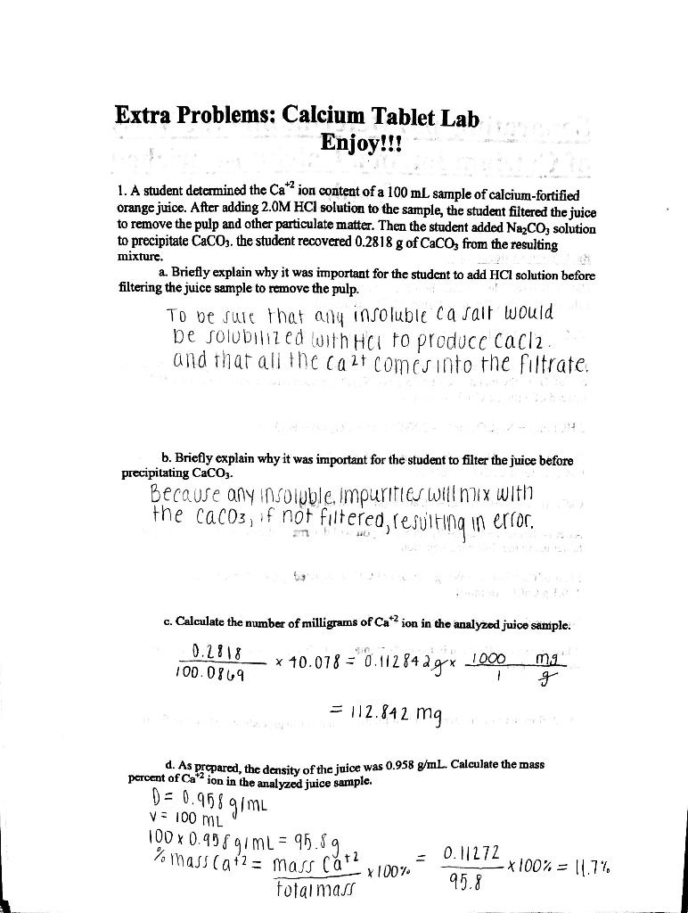 Solved Extra Problems: Calcium Tablet Lab Enjoy!!! 1. A | Chegg.com