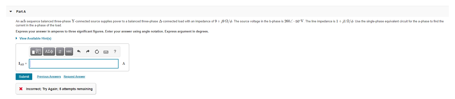 Solved Part A An acb sequence balanced three-phase | Chegg.com