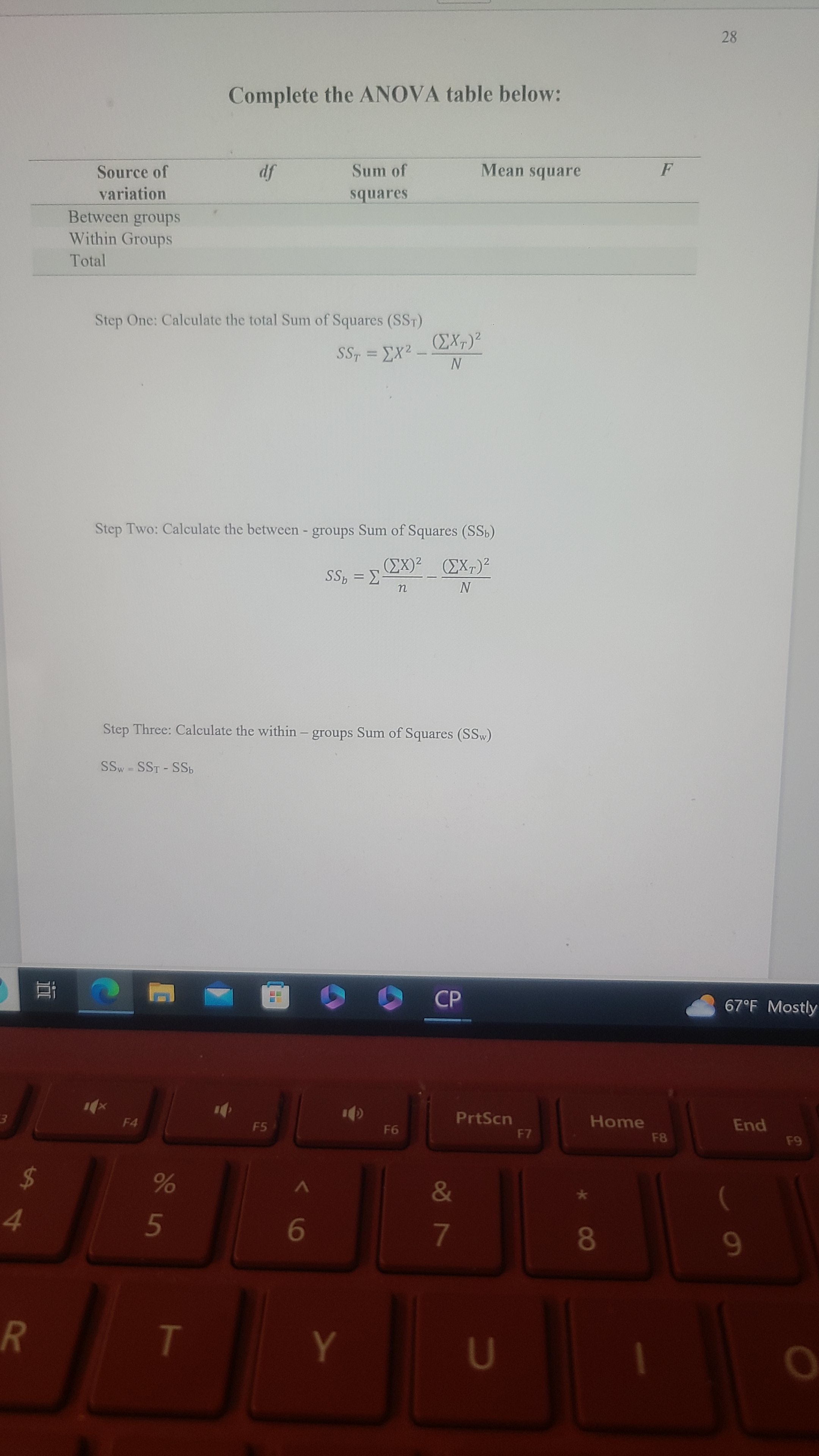 Complete the ANOVA table below: Step One: Calculate | Chegg.com