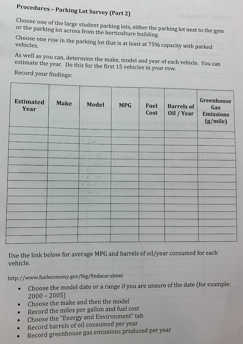Procedures - Parking Lot Survey (Part 2) Choose one | Chegg.com