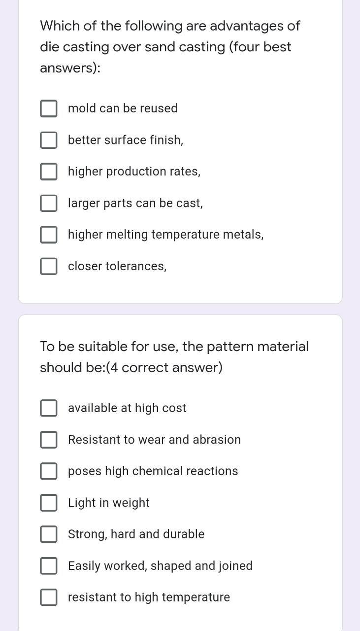 Solved Which of the following are advantages of die casting | Chegg.com