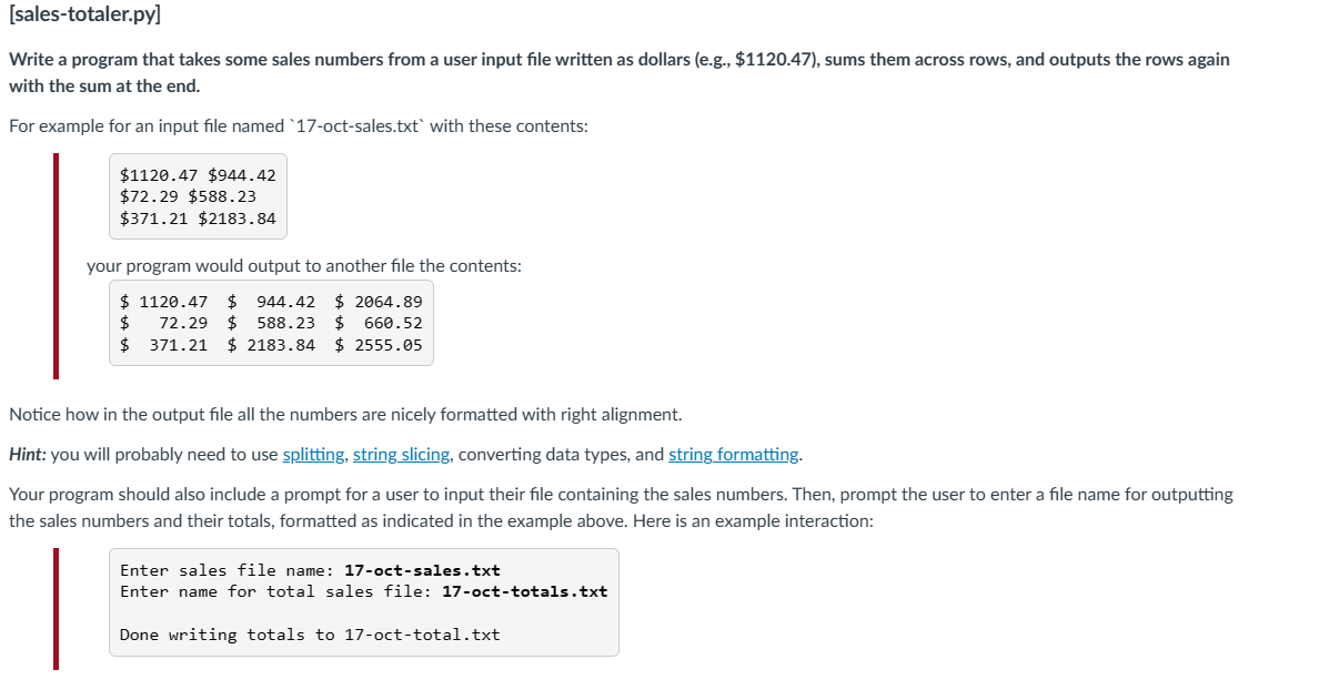 Solved Write a program that takes some sales numbers from a | Chegg.com