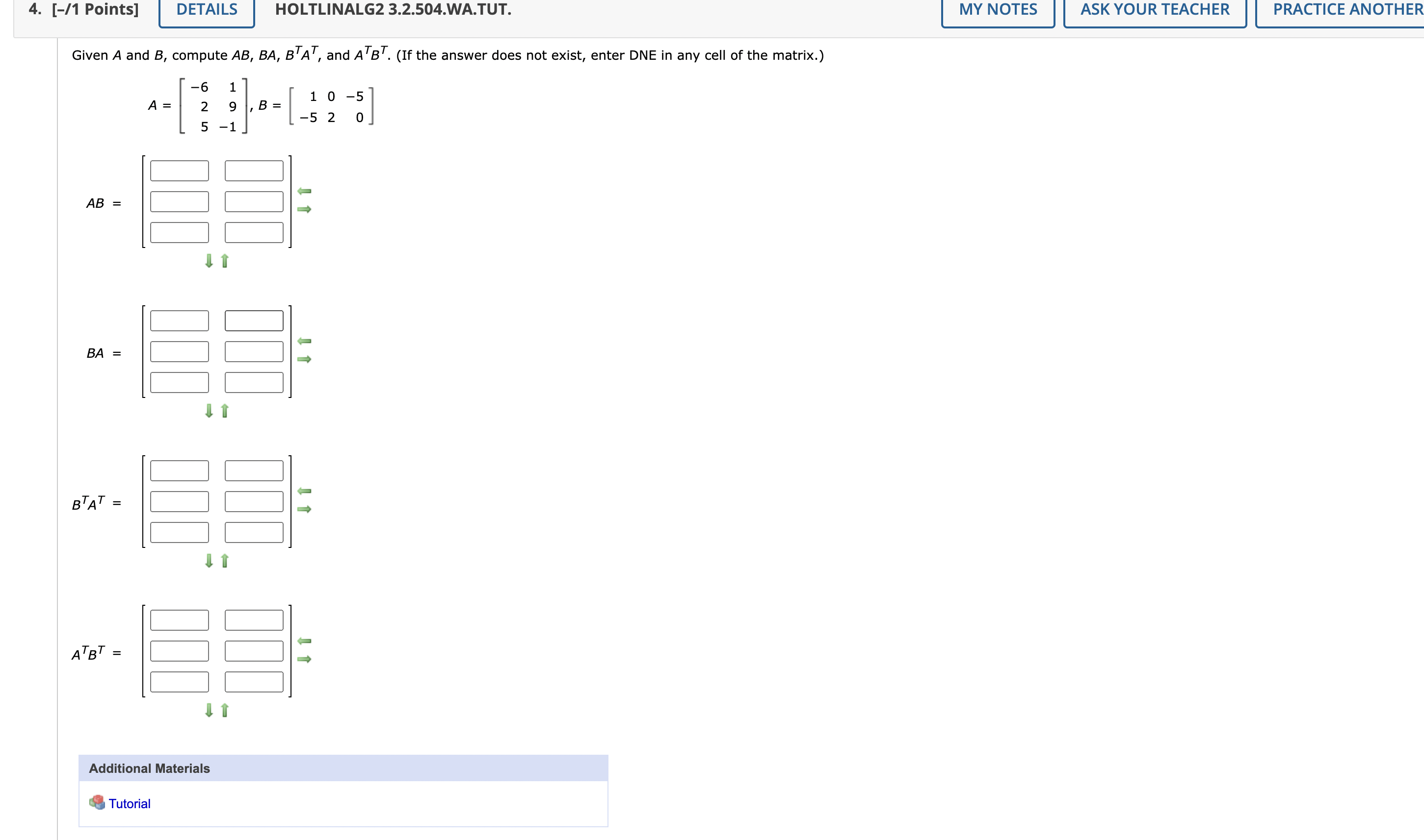 Solved Given A and B, compute AB,BA,BTAT, and ATBT. (If the | Chegg.com