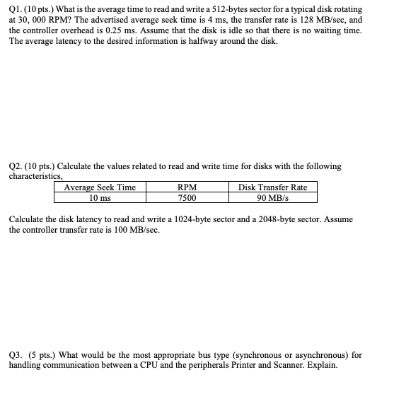 Solved Q1. (10 pts.) What is the average time to read and | Chegg.com