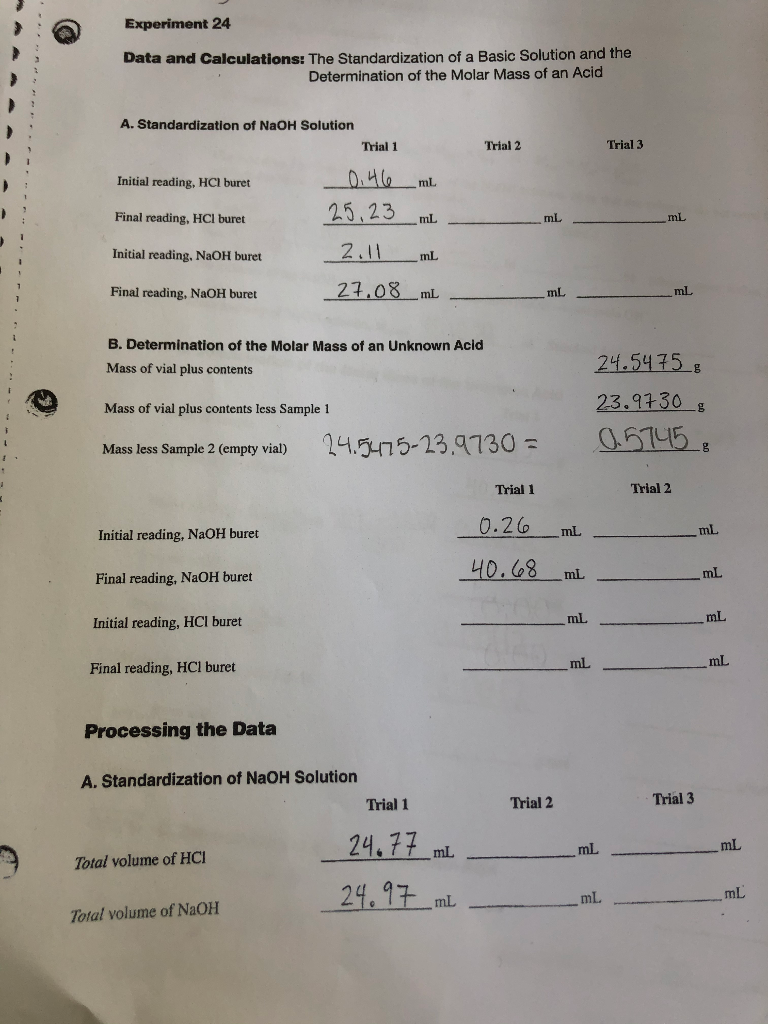 Experiment 24 Data and Calculations: The | Chegg.com