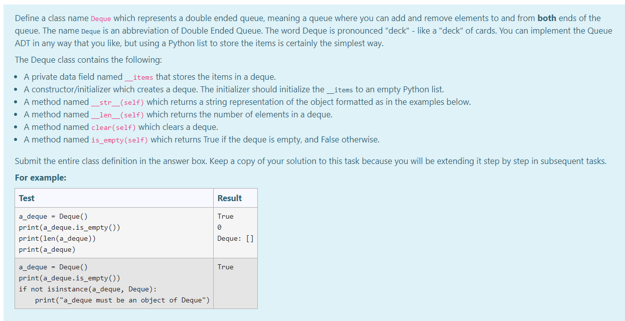 Solved Define a class name Deque which represents a double | Chegg.com