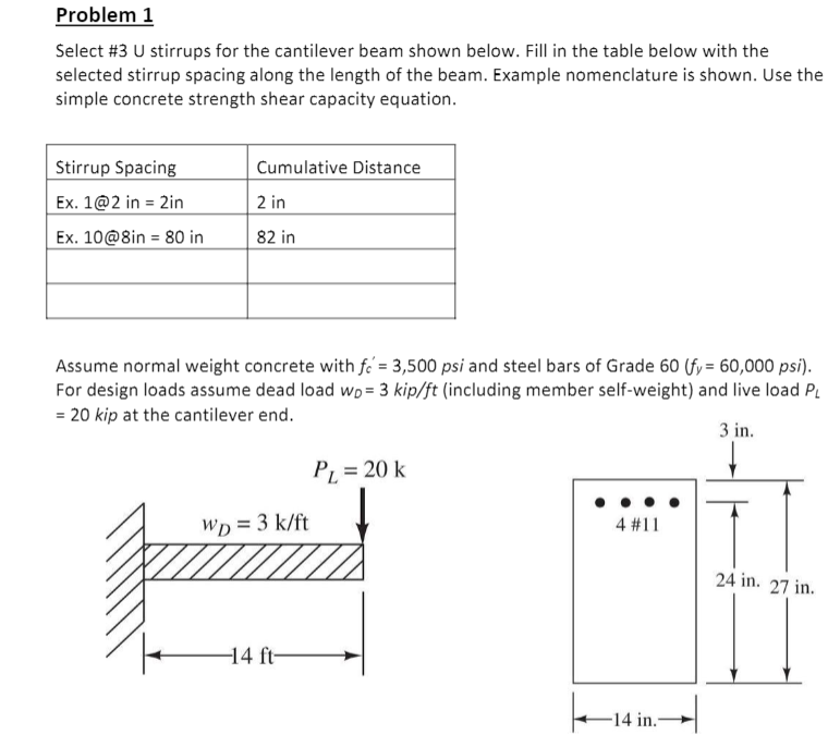Solved Problem 1 Select #3 U stirrups for the cantilever | Chegg.com