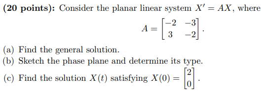 Solved (20 points): Consider the planar linear system X′=AX, | Chegg.com