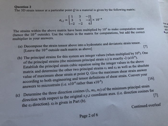 Solved Question 2 The 3D strain tensor at a particular point | Chegg.com