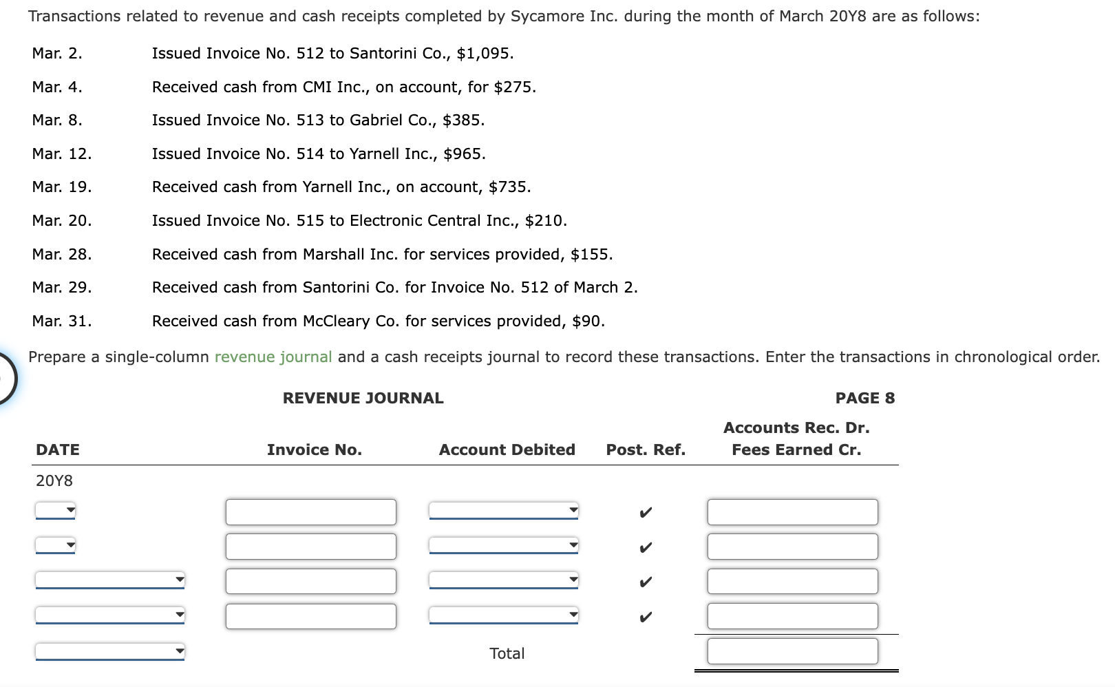 Solved Transactions related to revenue and cash receipts | Chegg.com