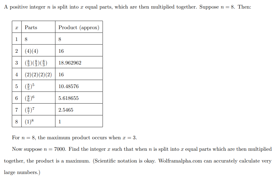 Solved A positive integer n is split into x equal parts, | Chegg.com