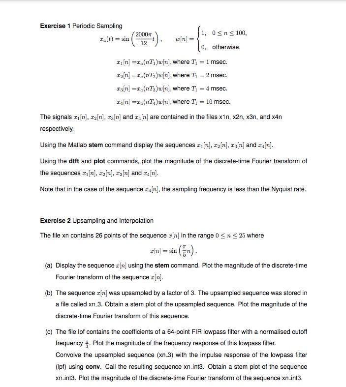 Solved Et). wn) = Exercise 1 Periodic Sampling 2000 1, 0 | Chegg.com