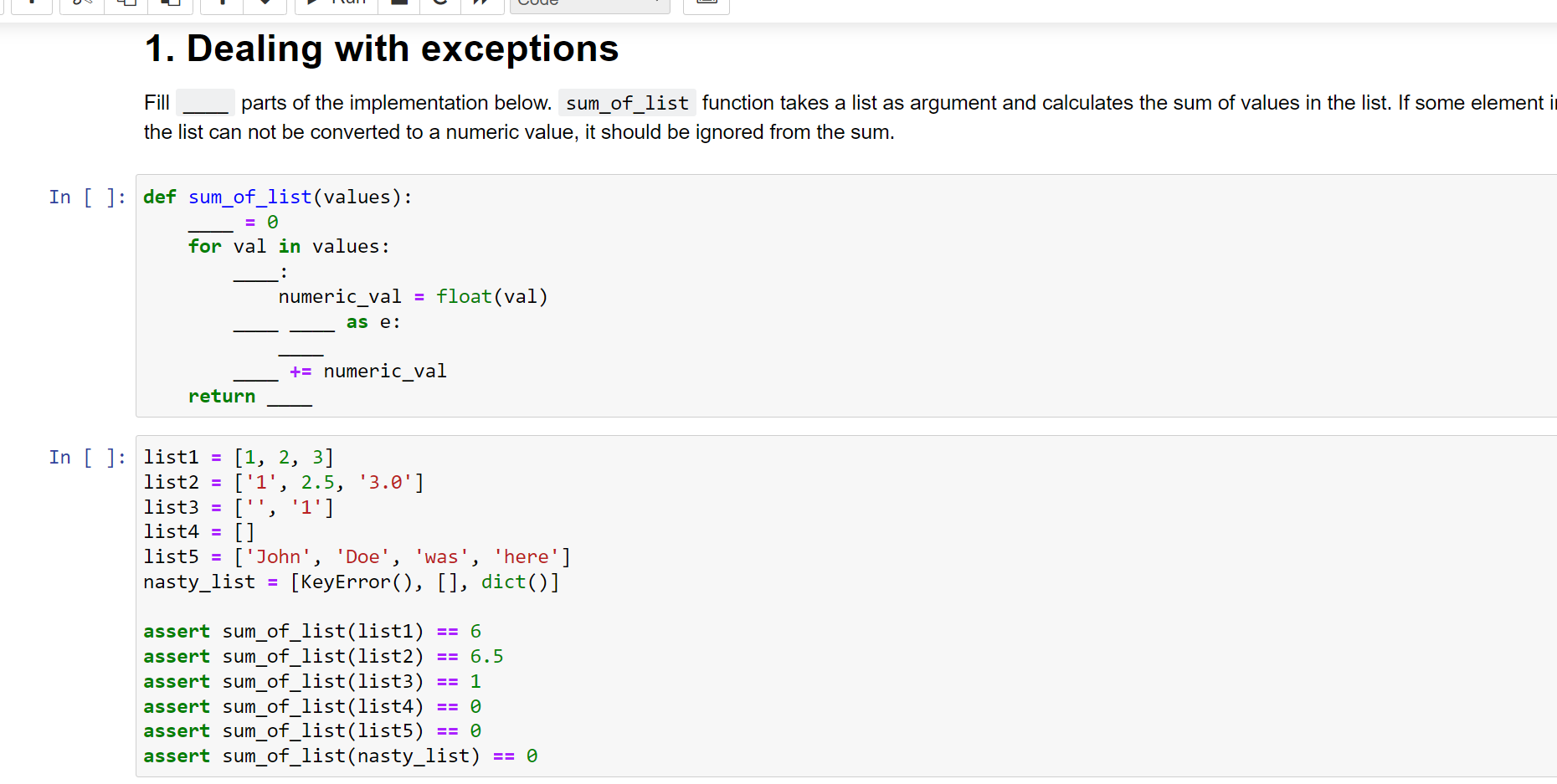 Solved 1. Dealing with exceptions Fill parts of the | Chegg.com