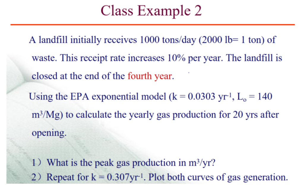 Solved Class Example 2 A landfill initially receives 1000 | Chegg.com