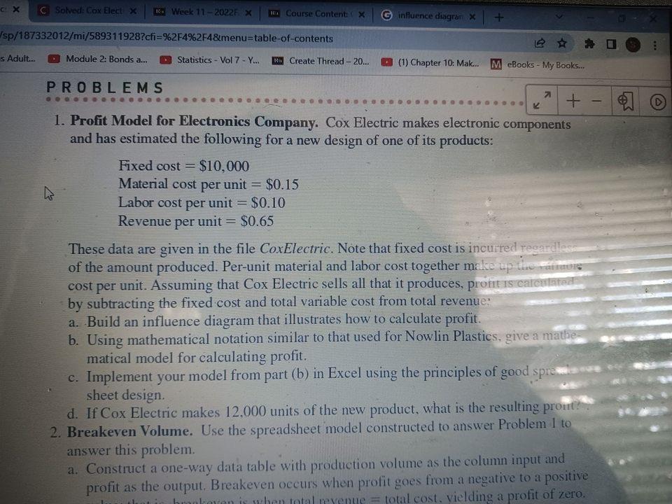 Solved 1. Profit Model for Electronics Company. Cox Electric | Chegg.com